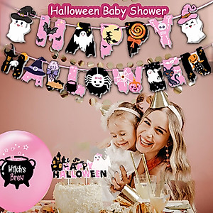 Pink Black Halloween Birthday Party Decorations Kit Happy Halloween Banner Castle Cake Topper Ghost Witch Bat Cupcake Toppers Skeleton Boos Ghost Balloons Kit for Halloween Baby Shower Party Decor