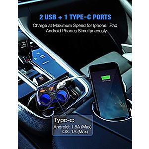 Car Charger, 150W 2-Socket Cigarette Lighter Splitter QC 3.0 Dual USB Ports 1 USB C Fast Car Adapter with Separate Switch LED Voltmeter Replaceable 15A Fuse for GPS/Dash Cam/Phone/iPad