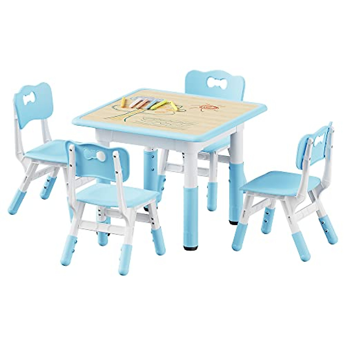 Brelley Toddler Table and Chairs Set for 4,Kids Study Table and Chair Set, Height-Adjustable, Graffiti Desktop, Children Activity Table for Daycare, Classroom, Home