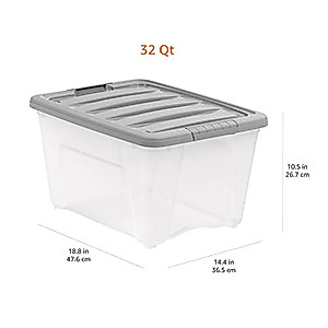 Amazon Basics 32 Quart Stackable Plastic Storage Bin with Latching Lid- Clear/ Grey- Pack of 6