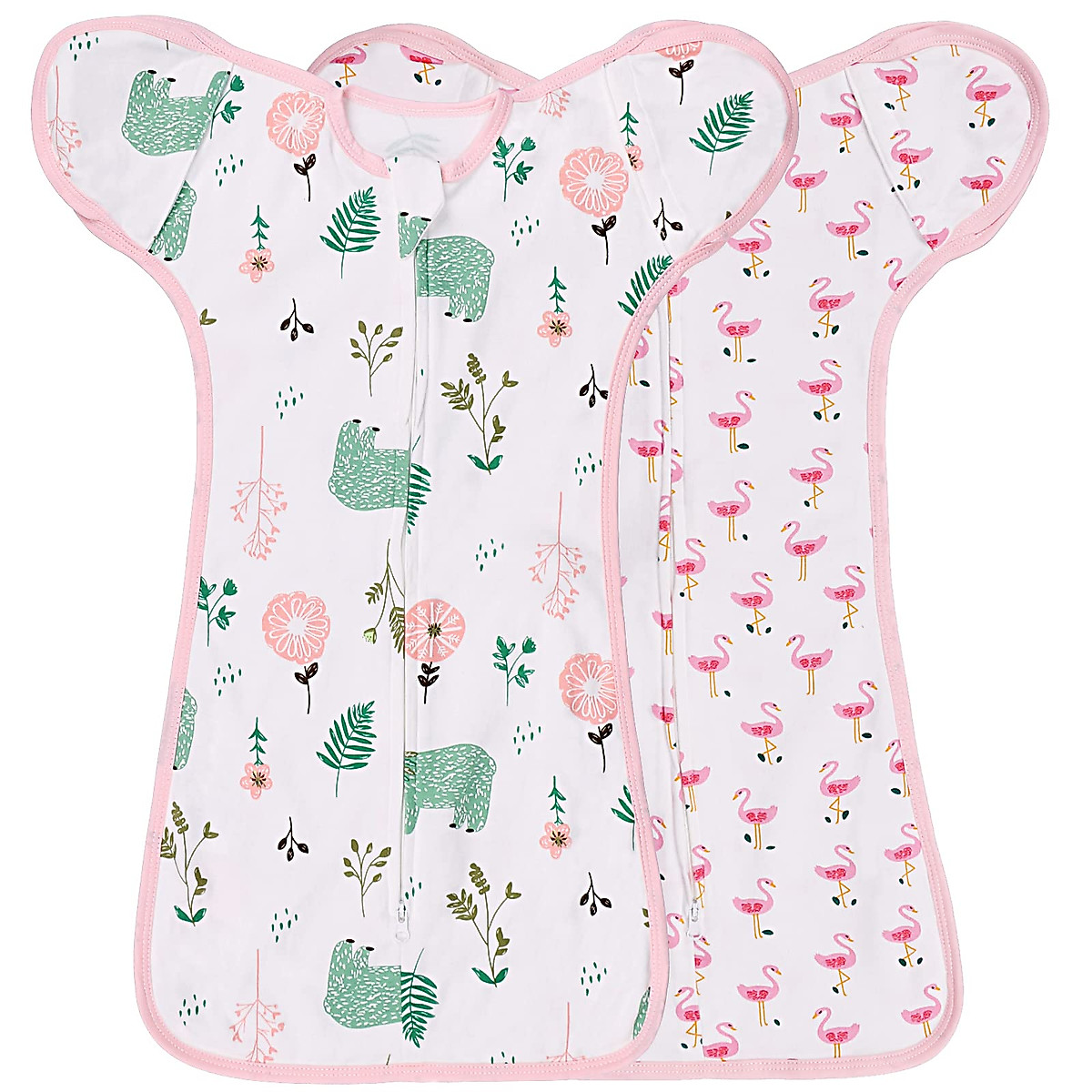 2 Pack Transition Swaddle with 2 Way Zipper, 2 in 1 Arms in/Out Transitional Arms Up Swaddle, 100% Cotton Newborn Swaddle Zipper Swaddles Baby Swaddling Sack Sleeping Sack 3-6 Months, Flamingo & Bear