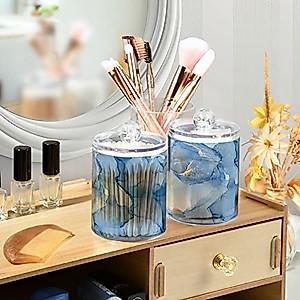 2 Pack Qtip Holder Organizer Dispenser Blue Marble Ink Modern Fluid Art Bathroom Storage Canister Cotton Ball Holder Bathroom Containers for Cotton Swabs/Pads/Floss