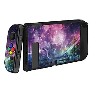 PlayVital Purple Galaxy Protective Case for Nintendo Switch, Soft TPU Slim Case Cover for Nintendo Switch Joycon Console with Colorful ABXY Direction Button Caps