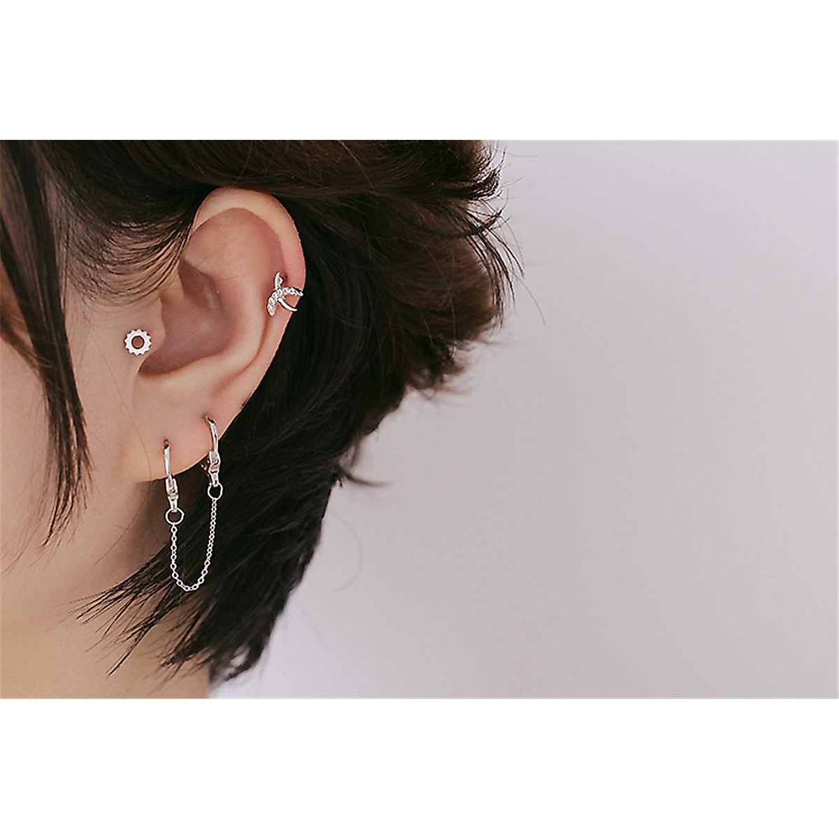 Minimalist Double Hoop Earrings for Women Girls Men Sterling Silver Pair Small Hoops Dangle Chain Drop Dangle Cartilage Second Hole Fashion Personalized Punk Jewelry 1 Piece (Silver)