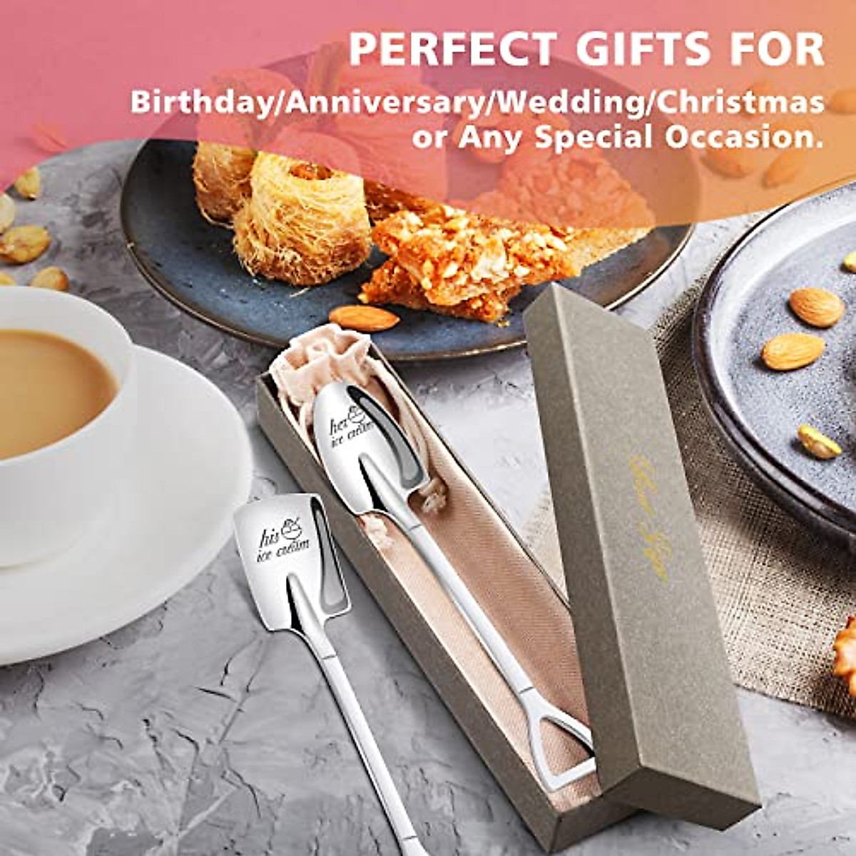 PRSTENLY Gifts for Him Her, 2 Pcs His and Hers Gifts Ice Cream Spoons Stainless Steel Couple Gifts, Birthday Wedding Anniversary Engagement Gifts for Couples Him Her