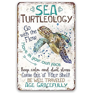 Sea Turtle Decor - Sea Turtleology - Durable Sea Turtle Gifts Metal Sign - Metal Sea Turtle Wall Decor - Sea Turtles Ocean Bathroom Decor - Great SeaTurtle Decorations for Home - Turtle Sign 8" x 12"
