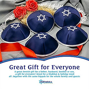 HolYudaica Pack of 10-Pcs Hq 20cm Satin Kippah with Silver/Gold String+Star of David for Men & Boys, Yamaka Hat from Israel, Kippot Bulk (Blue Silver)
