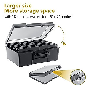 UP ARESI Photo Storage Box 5" x 7", 18 Inner Extra Large Photo Case Organizer Acid-Free Boxes Storage, Plastic Craft Storage Box with lids for Pictures Stickers Stamps Seeds (Black)