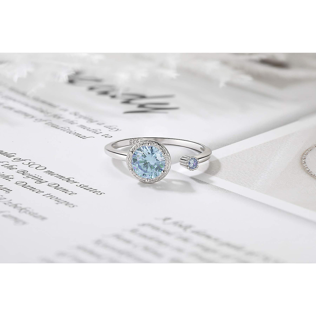 Presentski March Birthstone Rings for Women Sterling Silver CZ Blue Aquamarine Birthstone Adjustable Rings