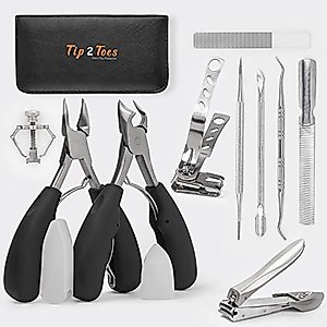TIP2TOES 10 Pcs Ingrown Toenail Clippers for Seniors Thick Toenails- Heavy Duty Podiatrist Toe Nail Cutter for Men, Professional, and Adults- Easy Grip Handle Stainless Steel Sharp Curved Grooming Kit