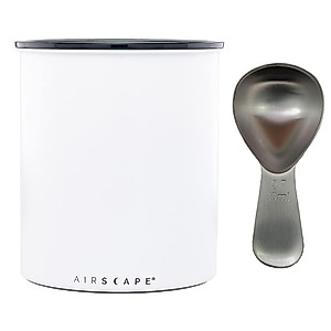 Airscape Kilo Coffee Storage Canister & Scoop Bundle - Large Food Container - Patented Airtight Lid 2-Way Valve Preserve Food Freshness, 2.2 lb Dry Beans (Large Matte White & Brushed Steel Scoop)