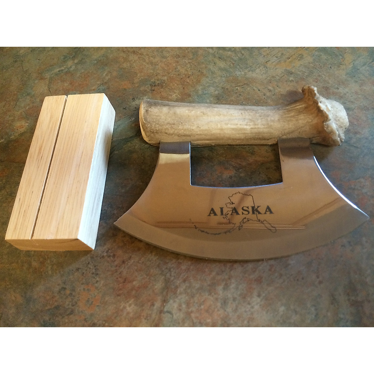 Alaskan Cultured Antler Ulu Knife and Stand