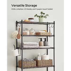 SONGMICS 4 Tier Over The Toilet Storage, Metal Storage Rack, Adjustable Shelves, 4 Hooks, Roll Holder, Space-Saving Bathroom Storage Shelf Organizer, 11.8 x 24.8 x 69.3 Inches, Black UBTS013B01