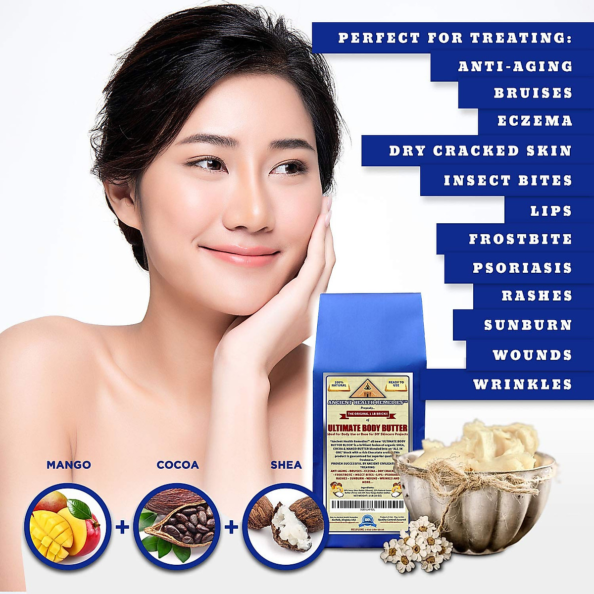 Ancient Health Remedies Organic Shea, Cocoa, Mango Butter ULTIMATE BODY BUTTER BLOCK 1 LB (16 oz) Raw, Unrefined Skincare Ingredient for Homemade DIY Lotion Making, Baby Care and Hand Cream (USA)