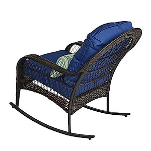 Sundale Outdoor Wicker Rocking Chair Rattan Outdoor Patio Yard Furniture All- Weather with Cushions & Lumbar Pillow (Navy)