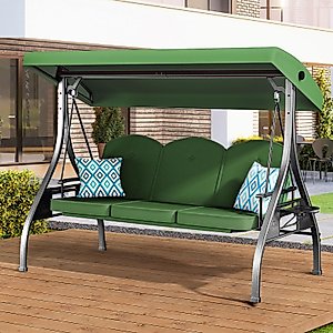 ZZW 3 Seat Outdoor Porch Patio Swing 800lbs 2-in-1 Patio Swing Glider Chair with Adjustable Canopy & Removable Cushion Outdoor Adult Swing with Stand for Yard Porch Garden Deck (Green, Square Tube)