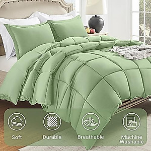 Wellsin Sage Green Comforter Set - Twin/Twin XL (66"x92") - 2 PCS All Season Soft Down Alternative Comforter & Pillow Sham for Girls/Boys/Adults