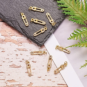 LiQunSweet 10 Pcs 17.5x5mm Safety Pin Shape Golden Brass Pendants with Clear Cubic Zirconia for Women Necklace Bracelet Earring Making