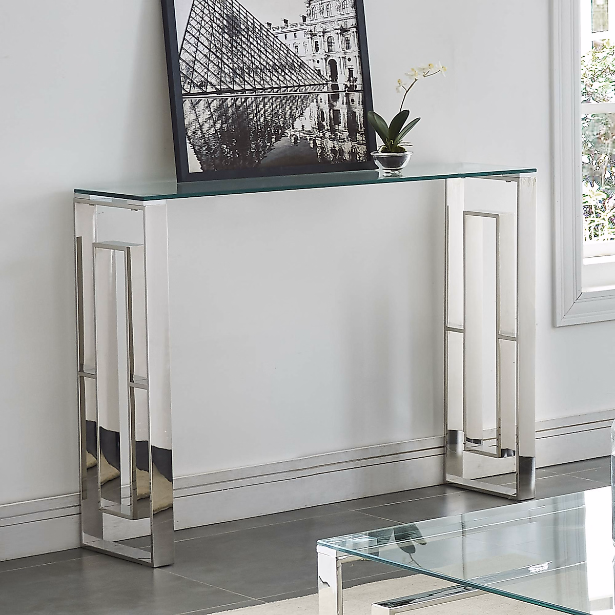 Whi Contemporary Console, Sofa, Glass and Chrome TABLE, SILVER