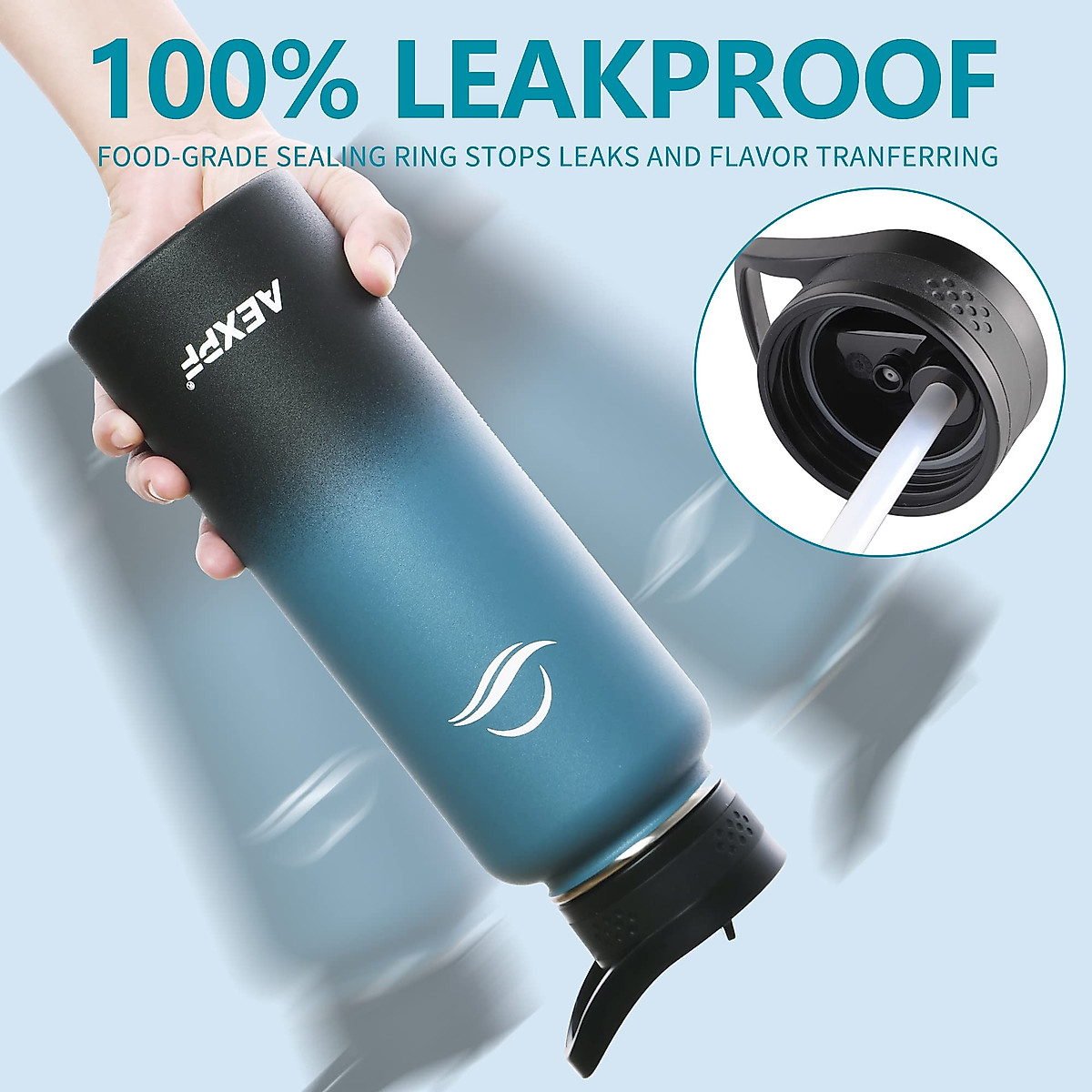 AEXPF 40 oz Insulated Water Bottle, Stainless Steel Vacuum Sports Water Bottle with 3 Lids, Durable Leakproof Metal Thermos, BPA-free Water Flask Jug with Strap, 2pc