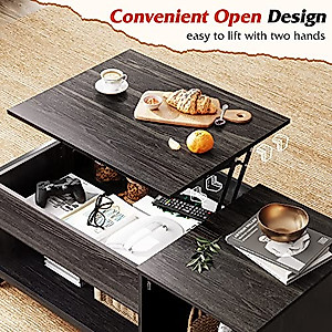 WLIVE Coffee Table for Living Room,Lift Top Coffee Table with Storage,Hidden Compartment and Metal Mesh Door Cabinet,Black,Wood