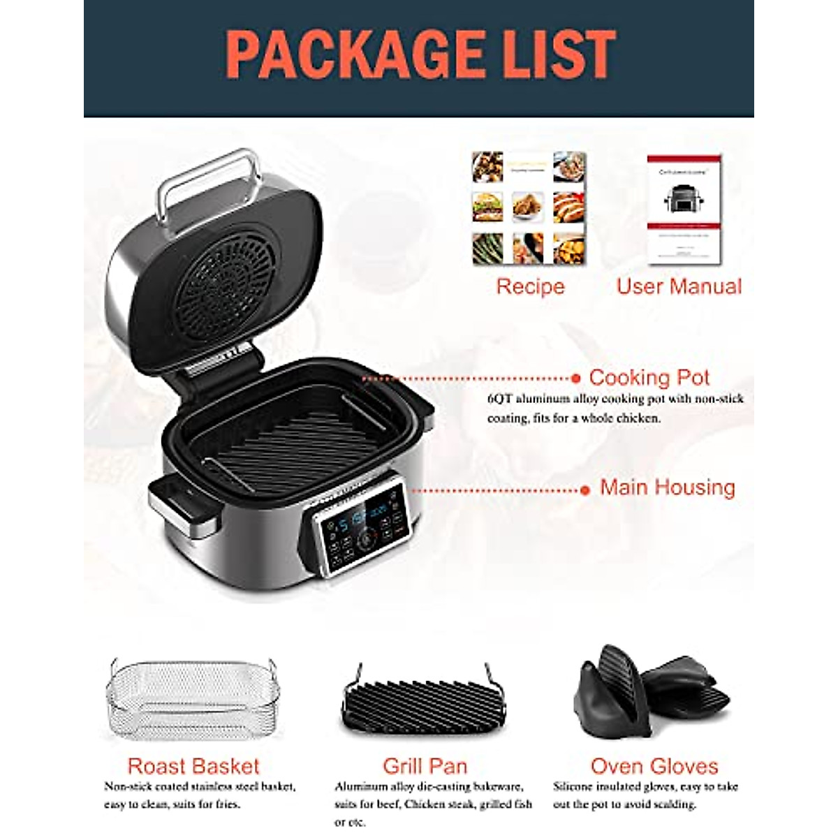 Grill and Air Fryer Combo, CATTLEMAN CUISINE 10-in-1 Indoor Electric Grill, Stainless Steel Air Fryer Grill with Air Grill, Air Fryer, Roast, Bake, Dehydrate, Beef & Fries, 6.5QT, Silver