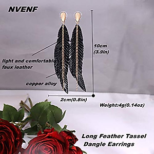 NVENF Feather Tassel Dangle Earrings for Women Bohemian Faux Leather Plume Gold-tone Metal Chain Fringe Statement Drop Earrings Vintage Ethnic Style Jewelry (Black)