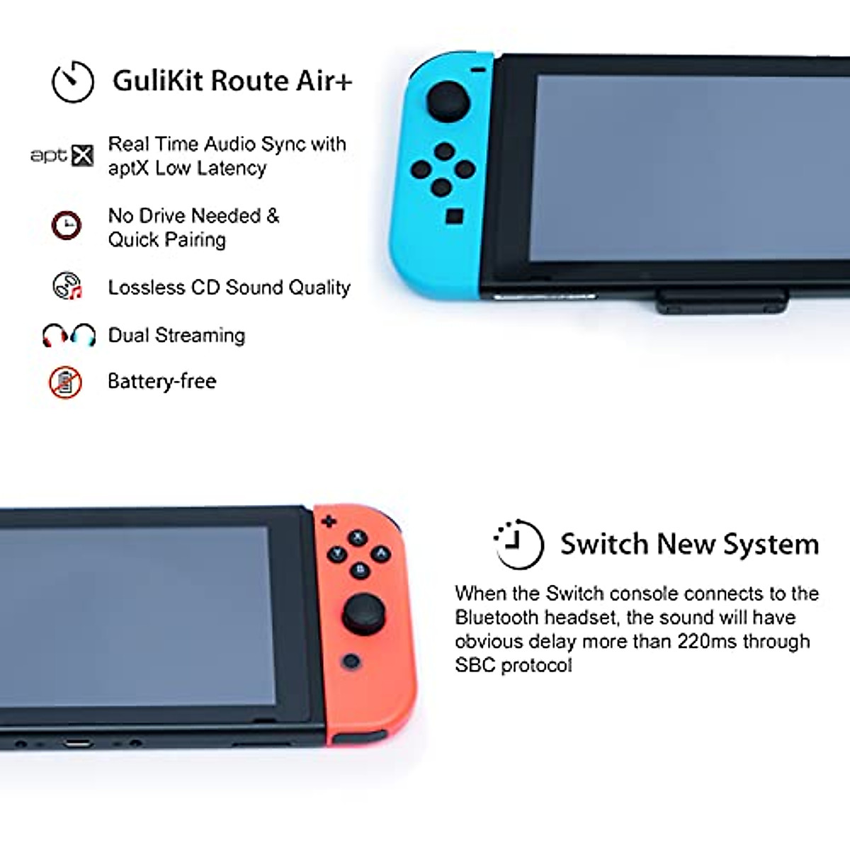 GuliKit Route Air Bluetooth Adapter for Nintendo Switch/Switch Lite PS4 PC, Dual Stream Bluetooth Wireless Audio Transmitter with aptX Low Latency Connect Your AirPods Bluetooth Speakers Headphone