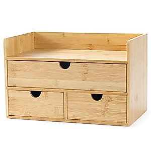 Wisuce 100% Original Bamboo Desk Organizer, Mini Bamboo Desk Drawer Tabletop Storage Organization Box for Office Home Toiletries Supplies Vanity, No Assembly Required (3 Drawer with Shelf)