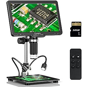 10" HDMI LCD Digital Microscope with Polarizer, Opqpq ODM501 24MP Coin Microscopes for Full View, 1300X Adults Soldering Microscope with Dual Battery for Electronics PCB Repair, 32GB, for PC/TV