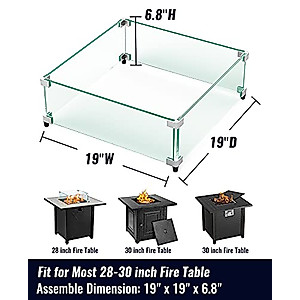 NUPICK Fire Pit Wind Guard, 19 inch Square Wind Guard for 28-32 inch Fire Pit Table, 5/16 Inch Thickness Clear Tempered Glass
