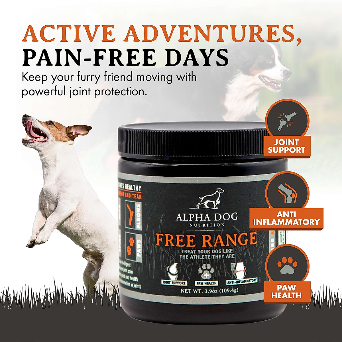 Free Range Joint Health Enhancer Supplement Powder for Dogs by Alpha Dog Nutrition - Premium Dog Arthritis Vitamins to Care for Joints - Contains Glucosamine, Chondroitin, MSM, Vitamin E, & More