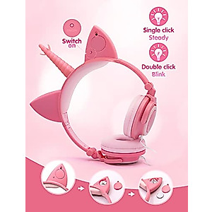 ONTA Unicorn Kids Headphones, Cat Ear LED Light Up Foldable Earphone Wired Over On Ear for Girls Boys,Kids Headband Toddler Tablet for School Supply/Travel/Holiday/Birthday/Cosplay Gifts(Peach)