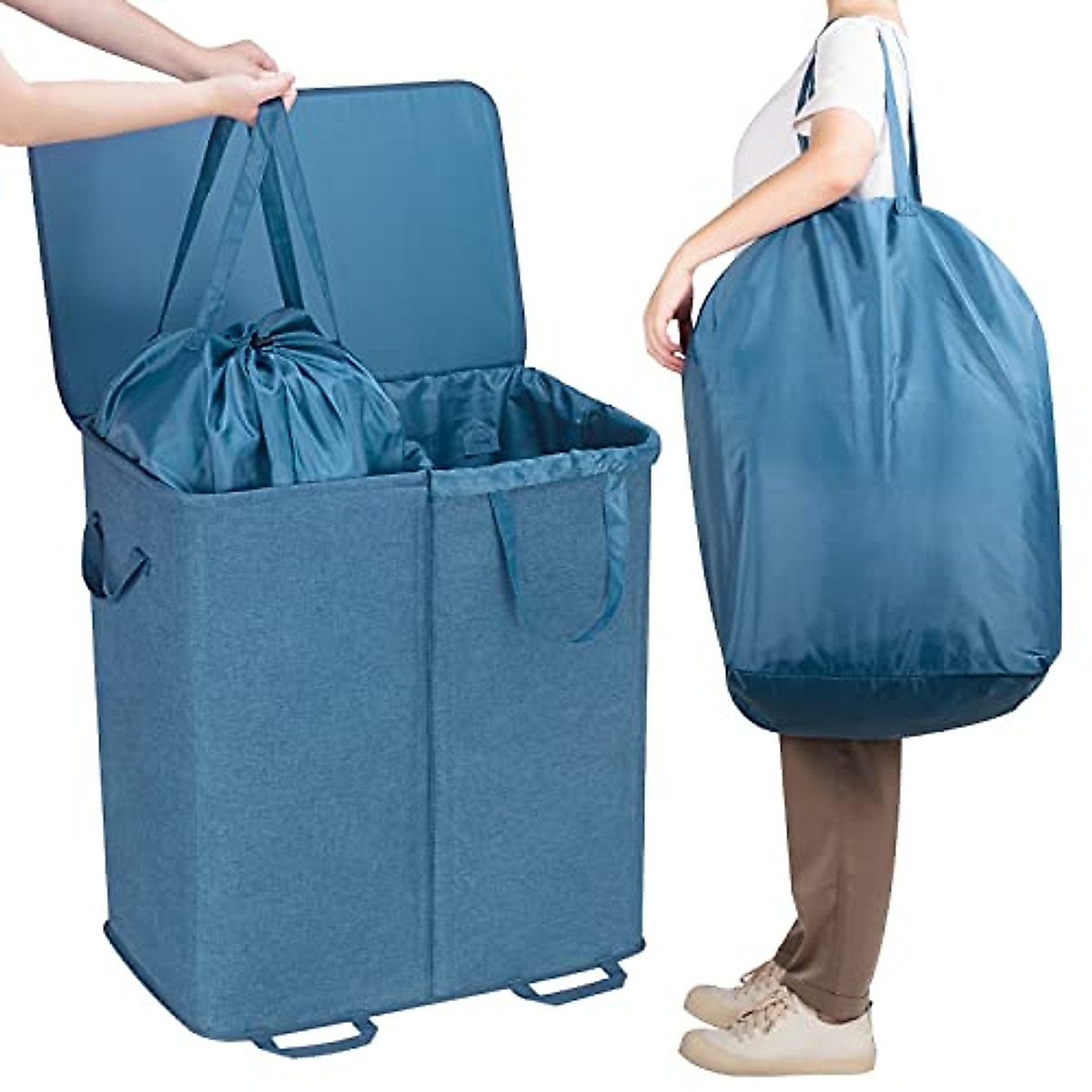 Lifewit Double Laundry Hamper with Lid and Removable Laundry Bags, Large Collapsible 2 Dividers Dirty Clothes Basket with Handles for Bedroom, Laundry Room, Closet, Bathroom, College, Grey and Blue