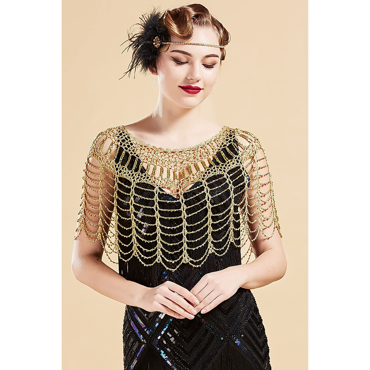 BABEYOND 1920s Shawl Wraps Gatsby Beaded Evening Cape Bridal Shawl Bolero Flapper Cover Up (Gold)