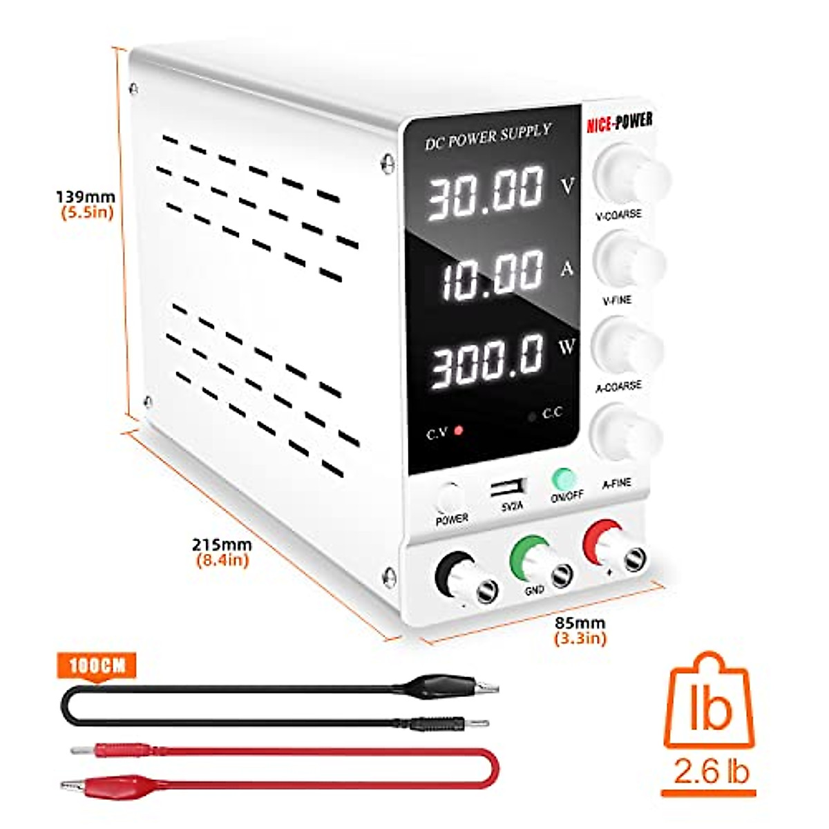 NICE-POWER DC Power Supply Variable Regulated Switching Adjustable 4-Digital Display Adjustable Lab Bench Power Supply, Output Enable/Disable Button (Side Display 30V/10V)