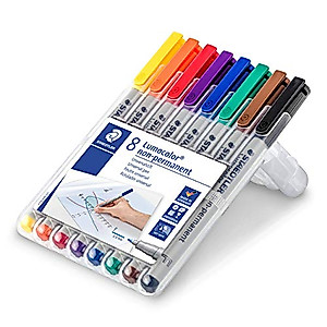 STAEDTLER Lumograph Non-Permanent Wet Erase Marker Pens, Fine Tip Refillable Colored Markers, 8 Pack, 315 WP8