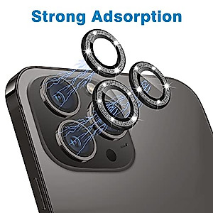 Hsefo Compatible with iPhone 14 Pro & 14 Pro Max Camera Lens Protector, Bling Glitter Diamond Lens Cover 9H Tempered Glass Camera Cover Anti Scratch Shockproof Screen Protector Individual Lens Ring - 3PCS Glitter Black