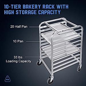 Profeeshaw Bun Pan Bakery Rack 10 Tier with Wheels, Aluminum Racking Trolley Storage for Half or Full Sheets