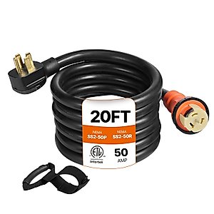 VEVOR 20 Feet Generator Power Cord 50AMP ETL Listed Generator Extension Cord, 12000 Watts Black Cable, SS2-50R Generator Plug, SS2-50P Extension Cord, 125/250V Generator Wire w/Portable Strap