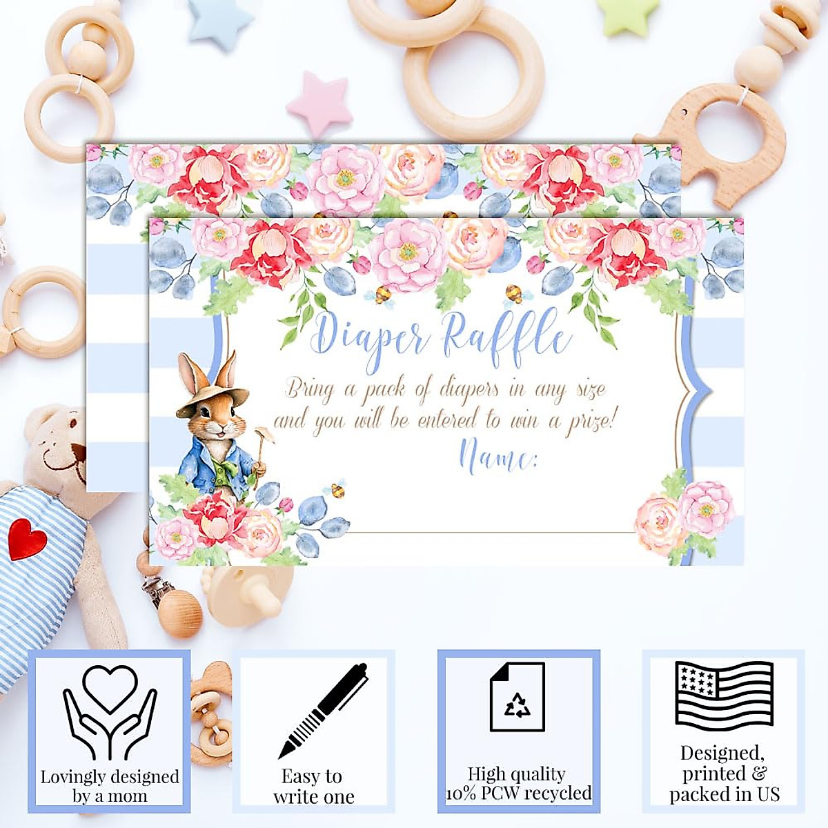 Little Rabbit Floral Themed Diaper Raffle Tickets for Boy Baby Showers, 20 2" X 3” Double Sided Insert Cards for Games by AmandaCreation, Bring a Pack of Diapers to Win Favors & Prizes!