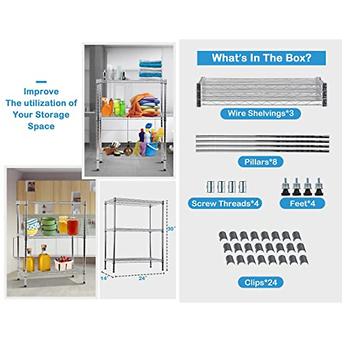 MKDLUFEI 3-Tier Wire Shelving Unit Adjustable Height 450Lb Capacity Small Metal Shelving for Storage 24"x14"x30" Metal Shelves for Kitchen, Office, Pantry, Laundry, Closet, Organizer Wire Rack