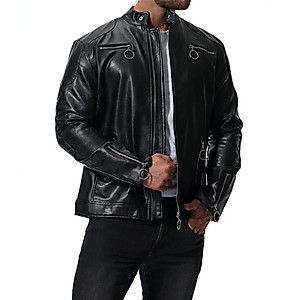 Maiyifu-GJ Men's Casual Faux Leather Jacket Stand Collar Retro Motorcycle Jacket Long Sleeve Zip Up Coat with Zipper Pockets (Black,Large)