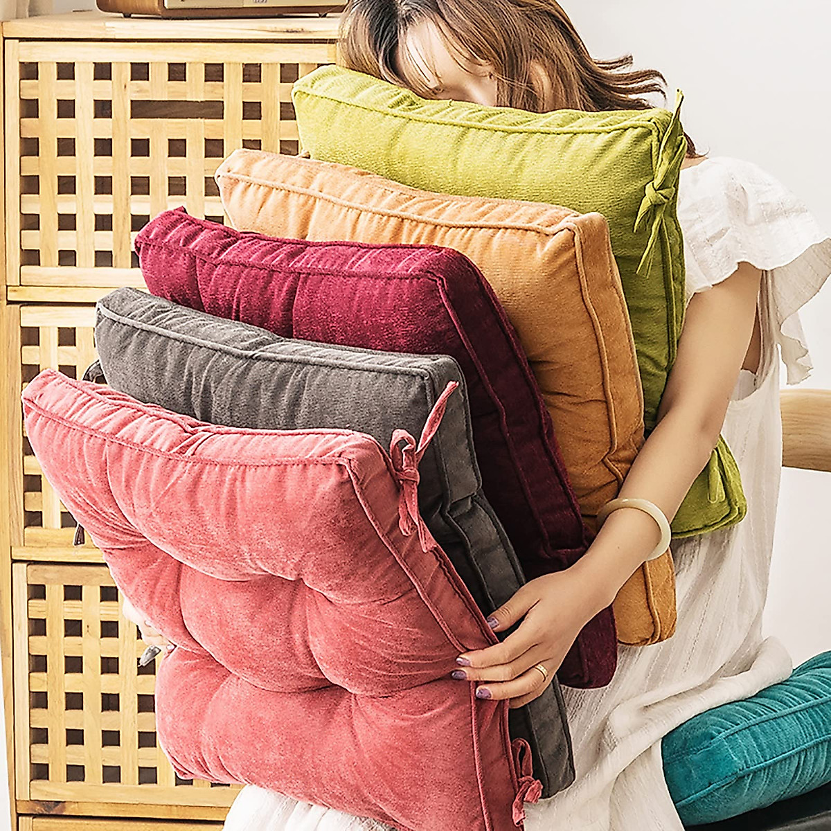 ETULLE Modern Velvet Chair Pads,Square Lumbar Back Support Seat Cushion Cozy Soft Seat Pad with Ties,Corduroy for Kitchen Garden Living Room Dining Office-Brown 43x43cm(17x17inch)