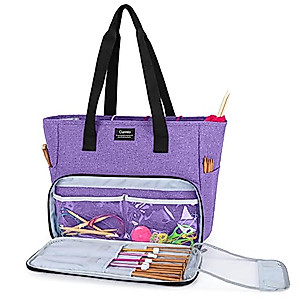 CURMIO Yarn Storage Bag, Knitting Tote Bag for WIP Project, Crochet Hooks, Knitting Needles and Yarn Skeins, Bag Only, Purple (Patented Design)