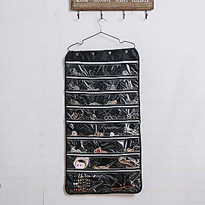 56 Pockets Large Zippered Dual Sided Jewelry Hanging Organizer Necklace Earrings Bracelets Rings Accessories Storage Bag Wall Mounted Door Cabinet Hanger Holder Clear Pouch Display Foldable for Travel