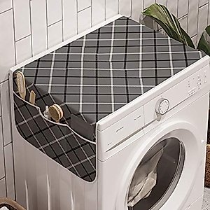 Lunarable Tartan Washing Machine Organizer, Geometric Simplicity Repetitive Pattern with Crossed Diagonal Lines, Anti-slip Fabric Top Cover for Washer Dryer, 47" x 18.5", White Grey
