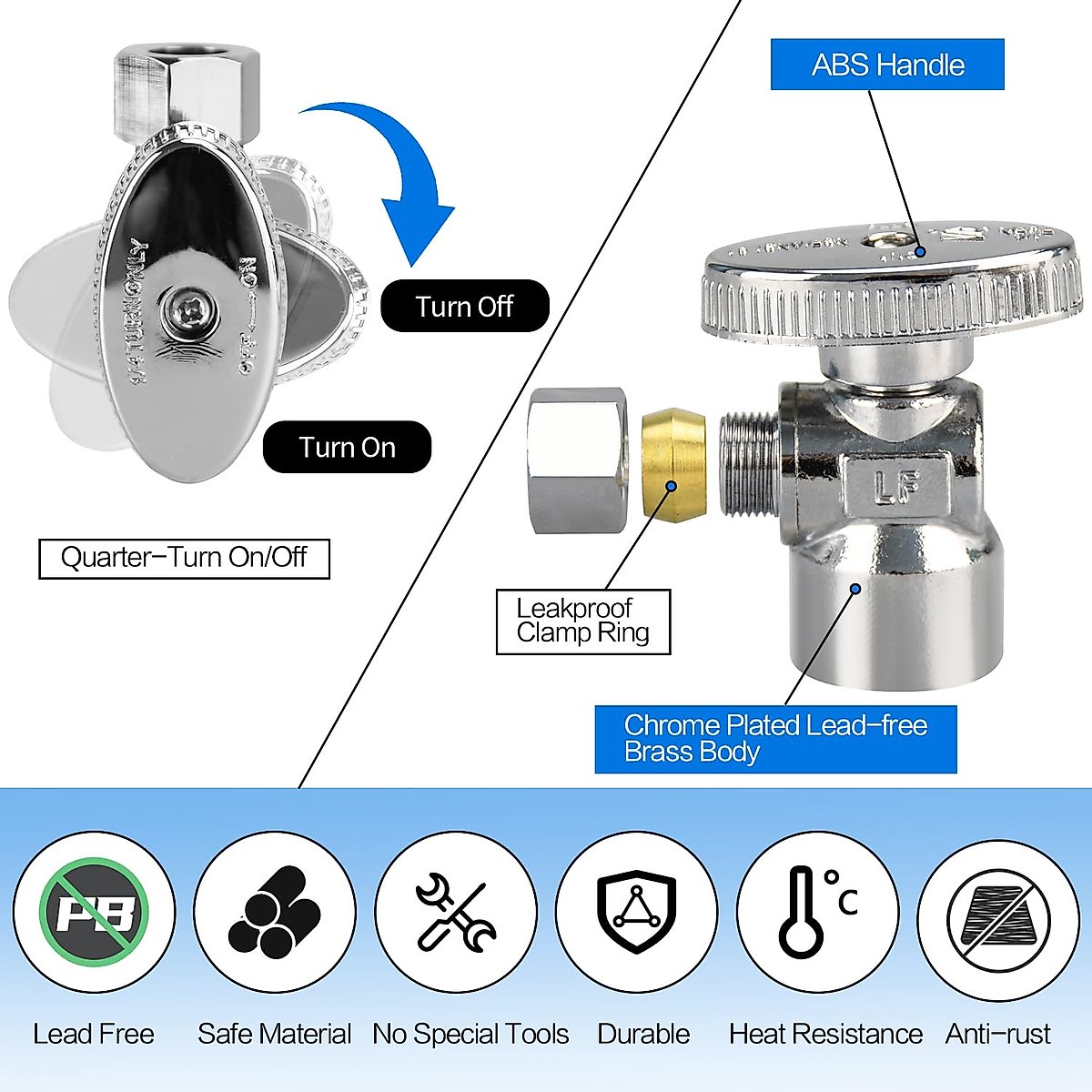 Stop Valves, 1/2" × 3/8" Angle Stop Valve, 1/2" FIP Angle Input, 3/8" OD Compression Output, 1/4 Turn, Chrome Plated Brass for Kitchen, Faucet, Toilet Valves
