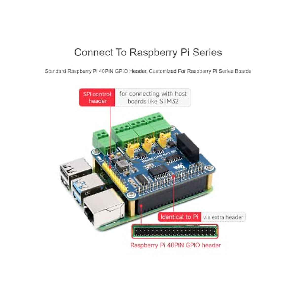 2-Channel RS485 and 1-Channel CAN Expansion Board Isolated RS485 CAN HAT (B) for Raspberry Pi 4B/3B+/3B/2B/B+/A+/Zero W/Zero WH,Multiple Protection Circuits,SPI Communication