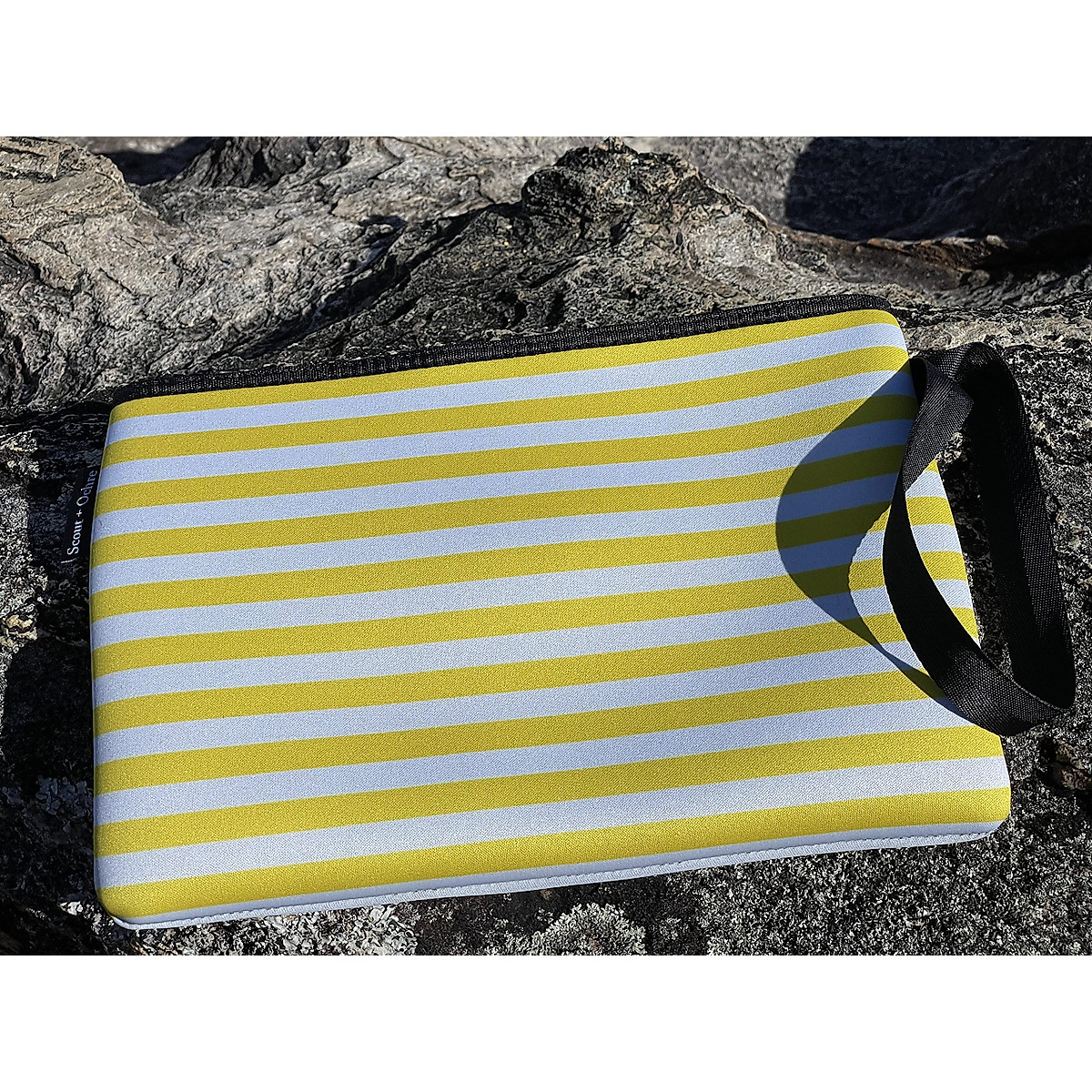 Scout + Ochre Neoprene Swimsuit Bag Pouch with Zipper - Waterproof Wet Bag for Swimwear, Diapers, Cosmetics, Travel Toiletries - great for Beach, Pool, Strollers, Gym - 11.5x8in (Yellow White Stripe)